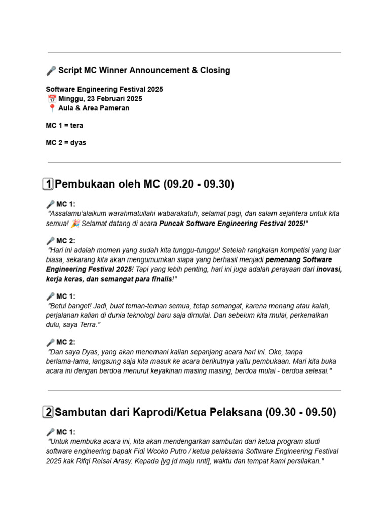 ? Script MC Winner Announcement & Closing | PDF
