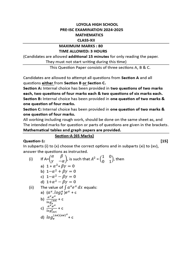 Class xii pre -isc maths question paper | PDF | Mathematical Relations ...
