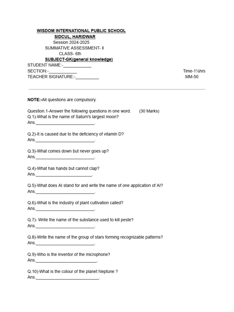 SA-2 GK Class 6th | PDF