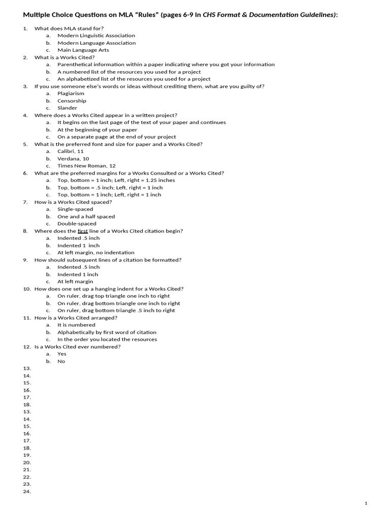 MLA Multiple Choice Questions | PDF | Citation | Writing