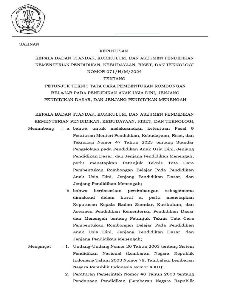 SK. Salinan Nomor.071.H.M.2024 Tentang Petunjuk Teknis Pemb. Rombel - Final | PDF