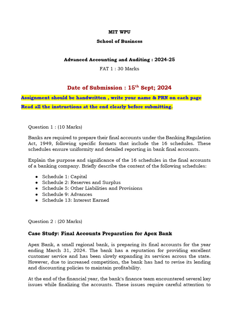 Advanced Accounting Assignment 2024-25 | PDF | Banks | Taxes