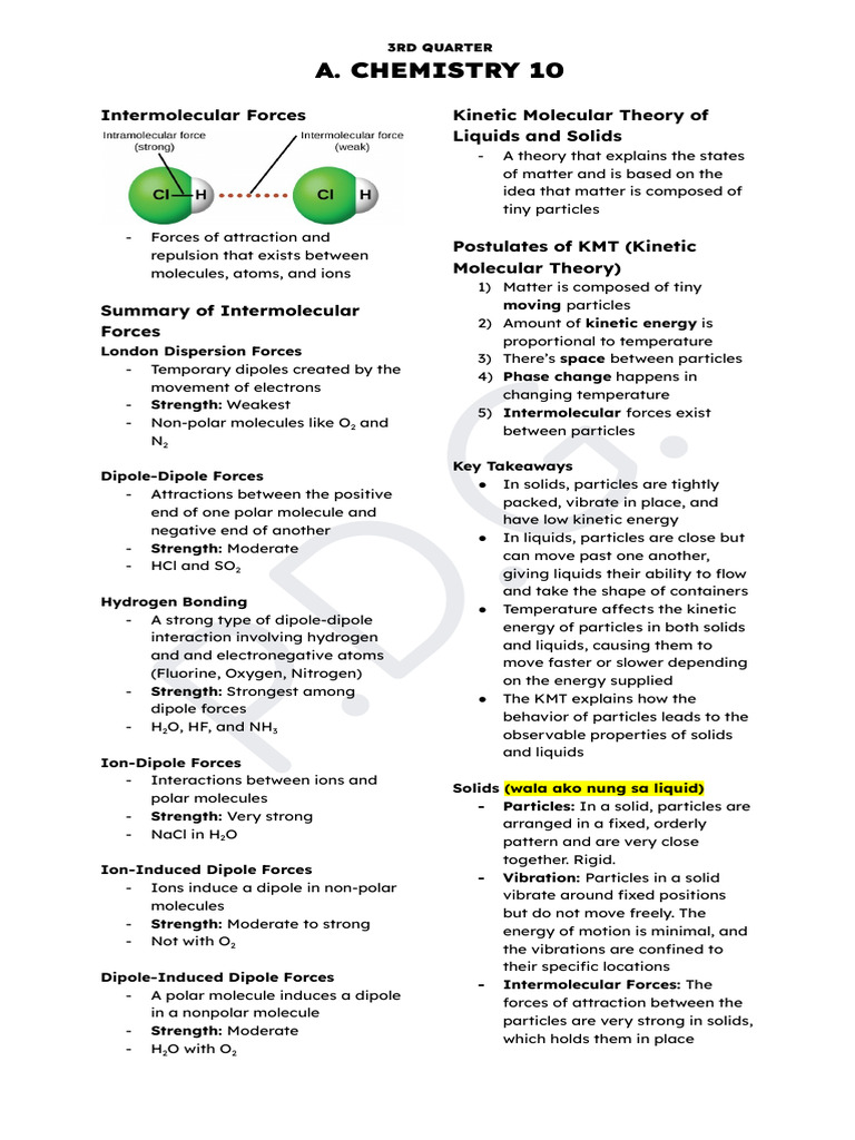 Q3 A. Chemistry 10 Reviewer | PDF | Intermolecular Force | Liquids
