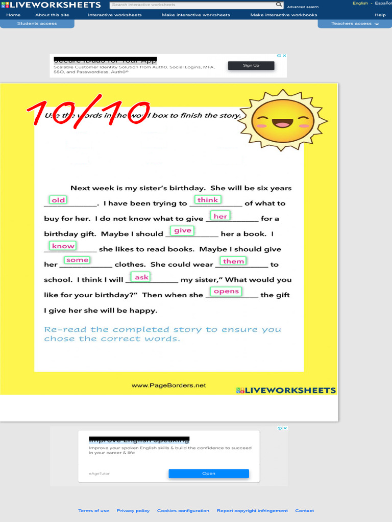 Cloze Passage Online Activity For Std. 1 | PDF
