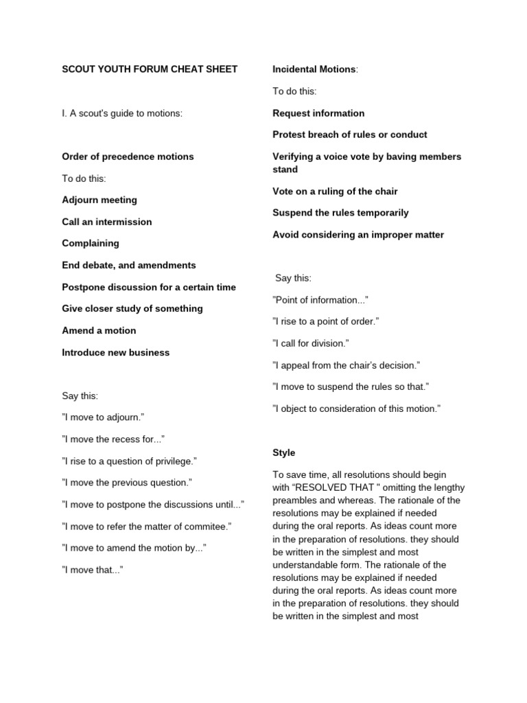 Youth Forum Cheat Sheet | PDF | Rules | Parliamentary Procedure