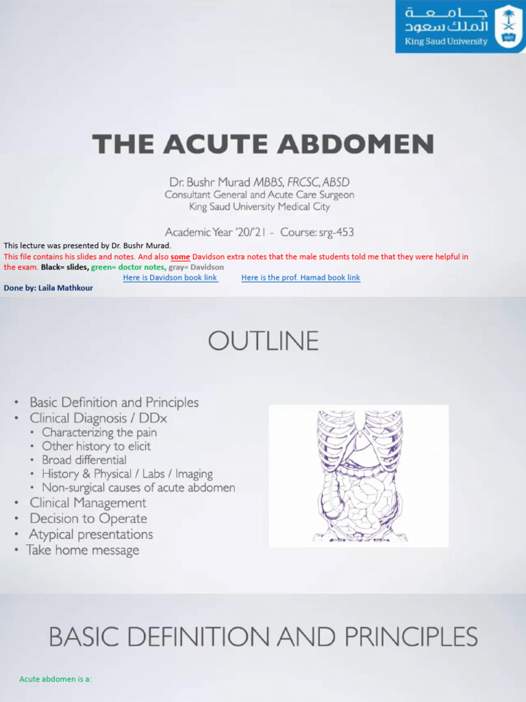 Acute Abdomen (Notes) | PDF | Peritoneum | Ischemia