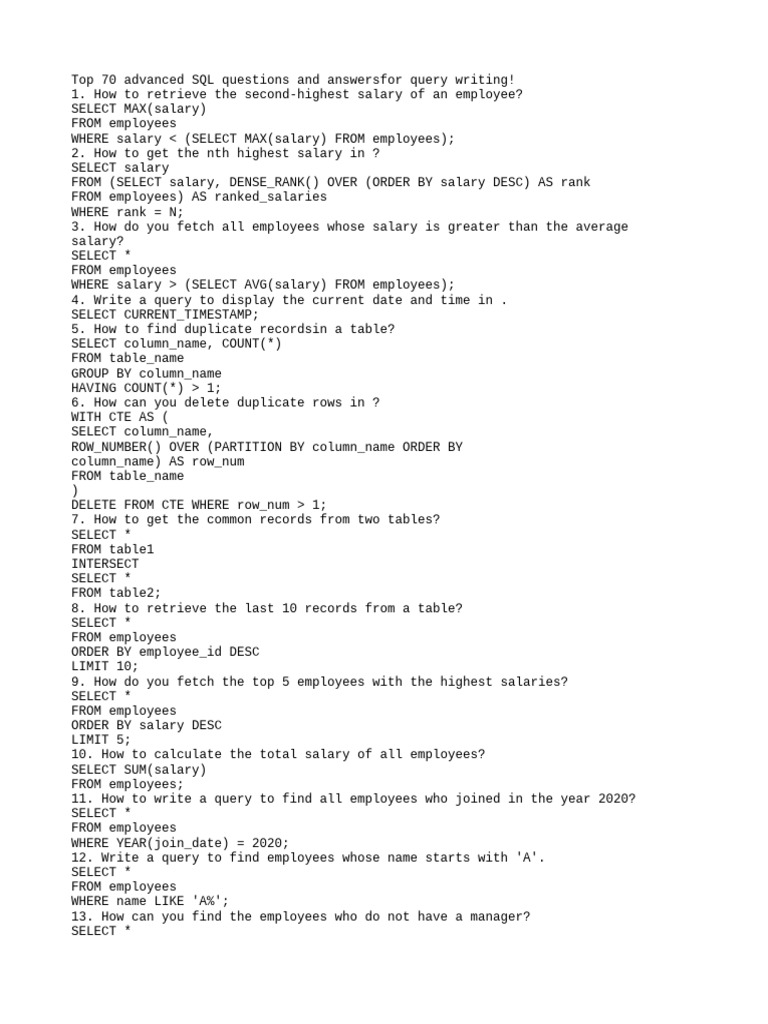Top 70 Advanced SQL Questions and A | PDF | Salary | Sql
