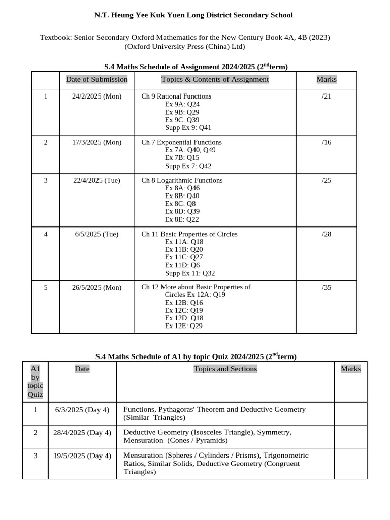 2425 S4 Maths Schedule - 2nd Term - Student Version | PDF | Mathematics ...