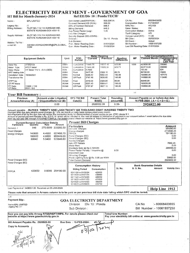 Electricity Bills Jan24 - Goa | PDF