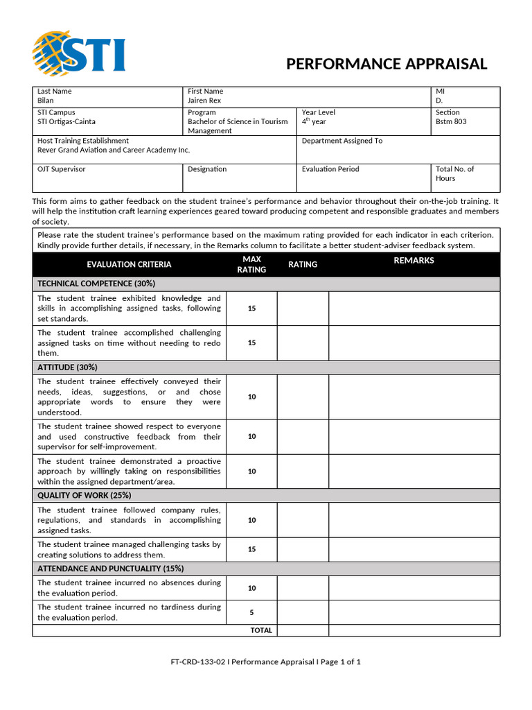 Performance Appraisal: Jairen Bilan | PDF | Performance Appraisal ...
