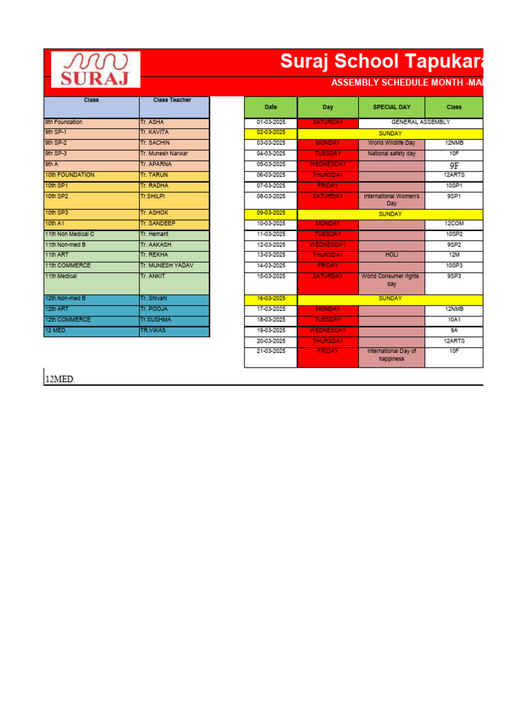 March 2025 School Assembly Schedule | PDF