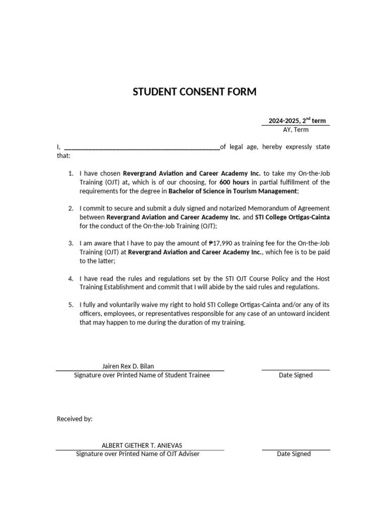 Student Consent Form With Training Fee Template | PDF