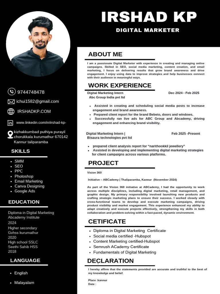Digital Marketing Profile of Irshad KP | PDF | Digital Marketing ...