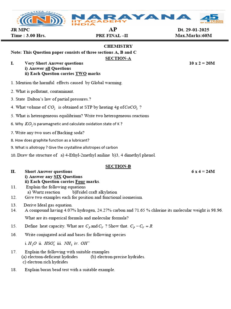 JR MPC Pf-Iichemistry QP-29-01-2025 | PDF | Chemical Reactions | Ammonia