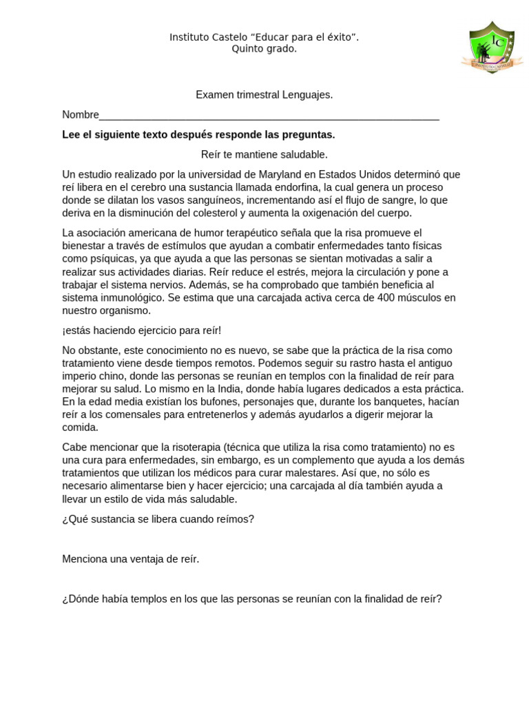 Examen trimestral Lenguajes (6) | PDF | La risa