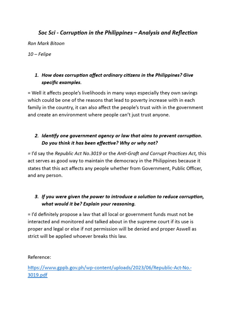 Soc Sci - Corruption in The Philippines - Analysis and Reflection | PDF