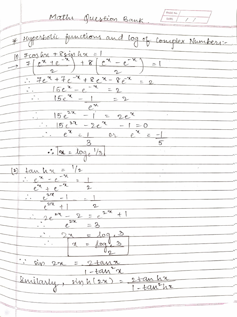 Solutions Hyperbolic and Complex No. Question Bank | PDF