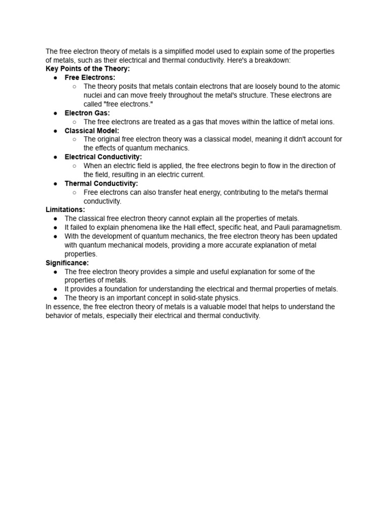 Key Points of The Theory: Free Electrons | PDF
