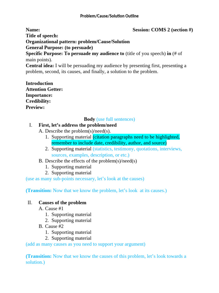 Problem-Cause-Solution Speech Outline | PDF