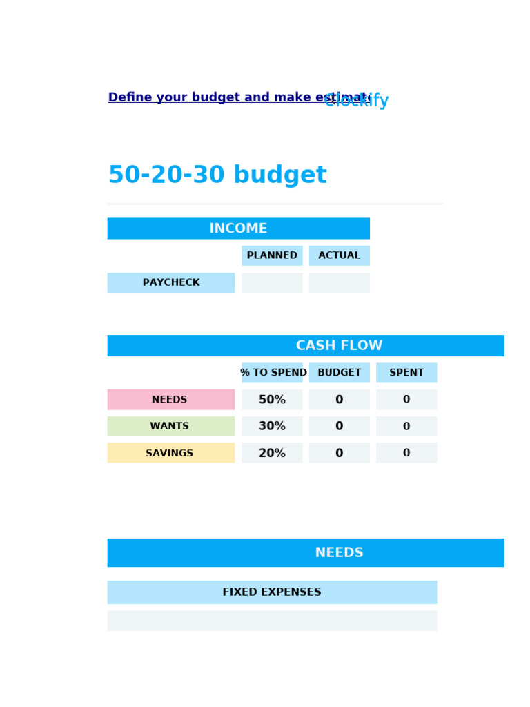 50/30/20 Budget Template Excel | PDF