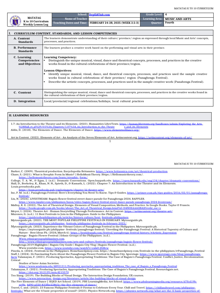 Grade 4 Music & Arts Lesson Plan | PDF | Dances | Curriculum