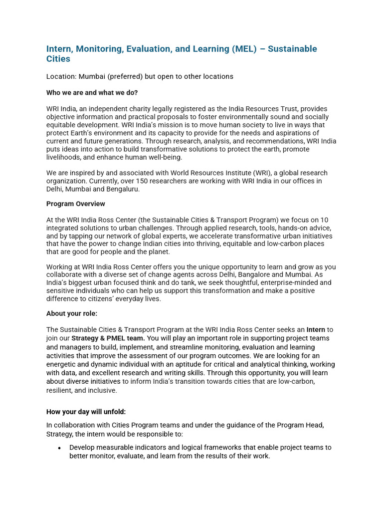 JD Intern PMEL Cities Program India Feb2025 | PDF | Sustainability