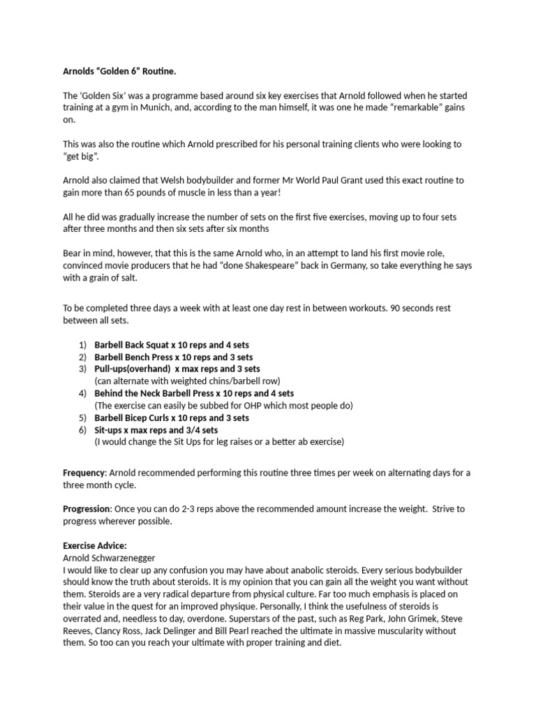 Arnold's Golden 6 Workout Routine | PDF | Weight Training | Physical ...