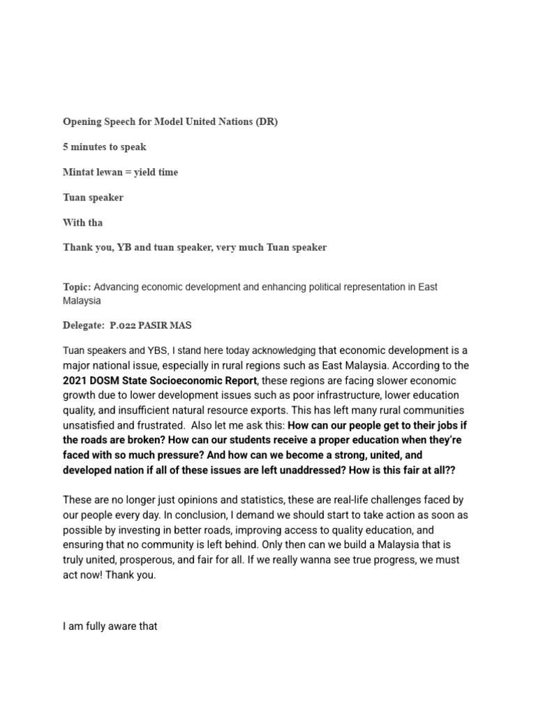 Opening Speech for MUN - Google Docs | PDF | Malaysia | Tourism