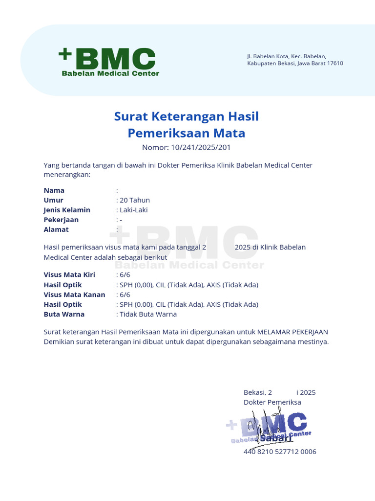 Surat Keterangan Hasil Pemeriksaan Mata | PDF