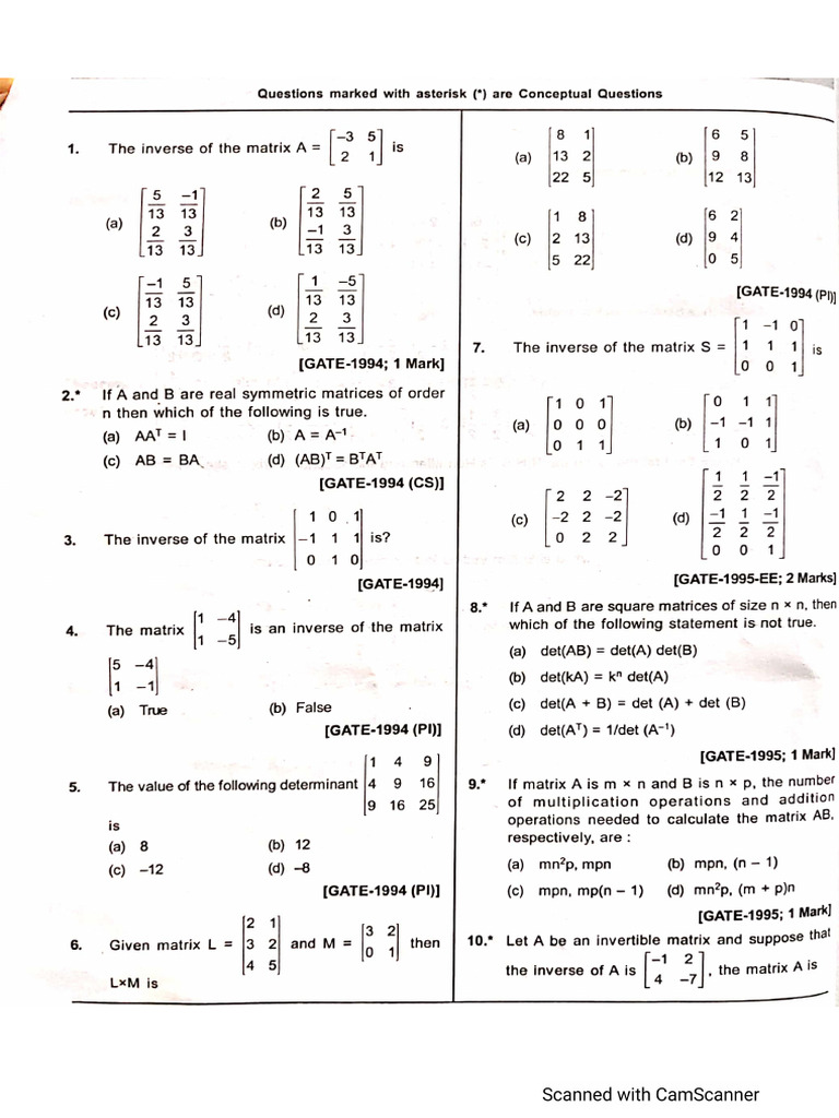 Matrix Question Set - 1 (GATE+ESE) | PDF