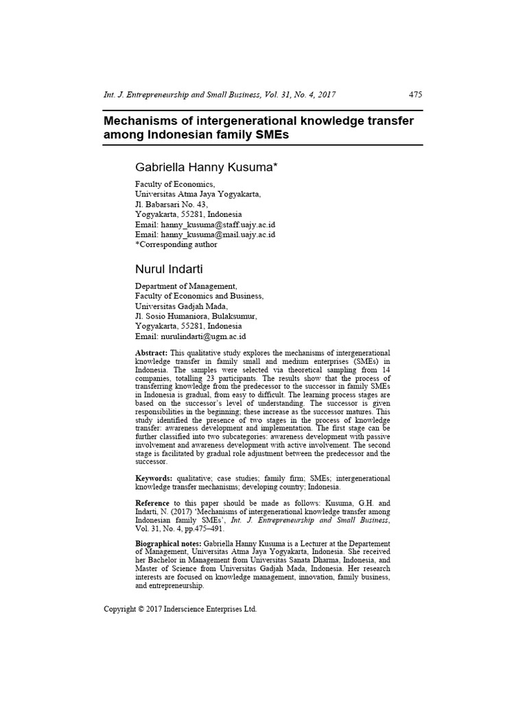 Mechanisms of intergenerational knowledge transfer among Indonesian ...
