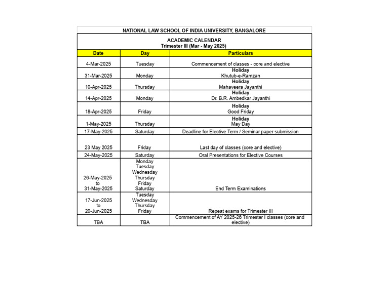 Academic Calendar - Trimester II, III (AY 2024-25) .XLSX - Trimester ...