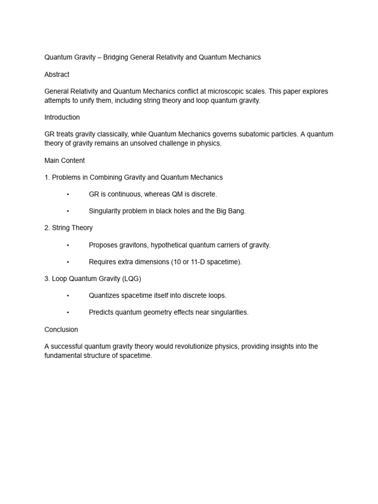 Quantum Gravity - Bridging General Relativity and Quantum Mechanics | PDF