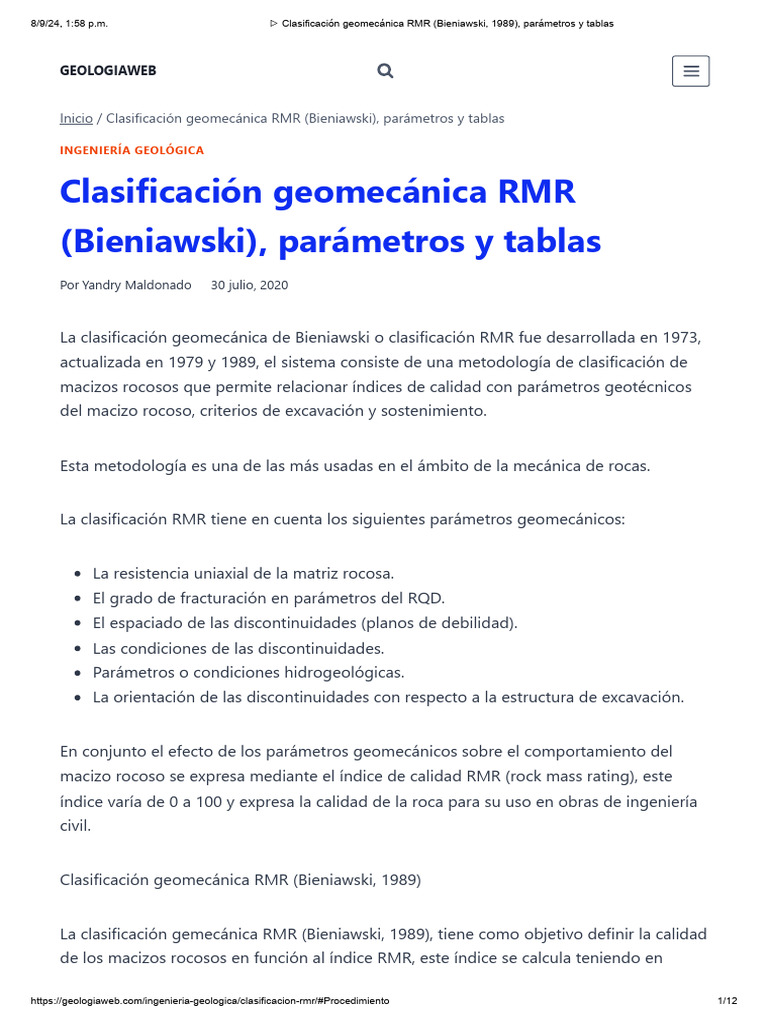 Clasificación RMR Bieniawski 1989 | PDF | Ingeniero civil | Ingeniería ...
