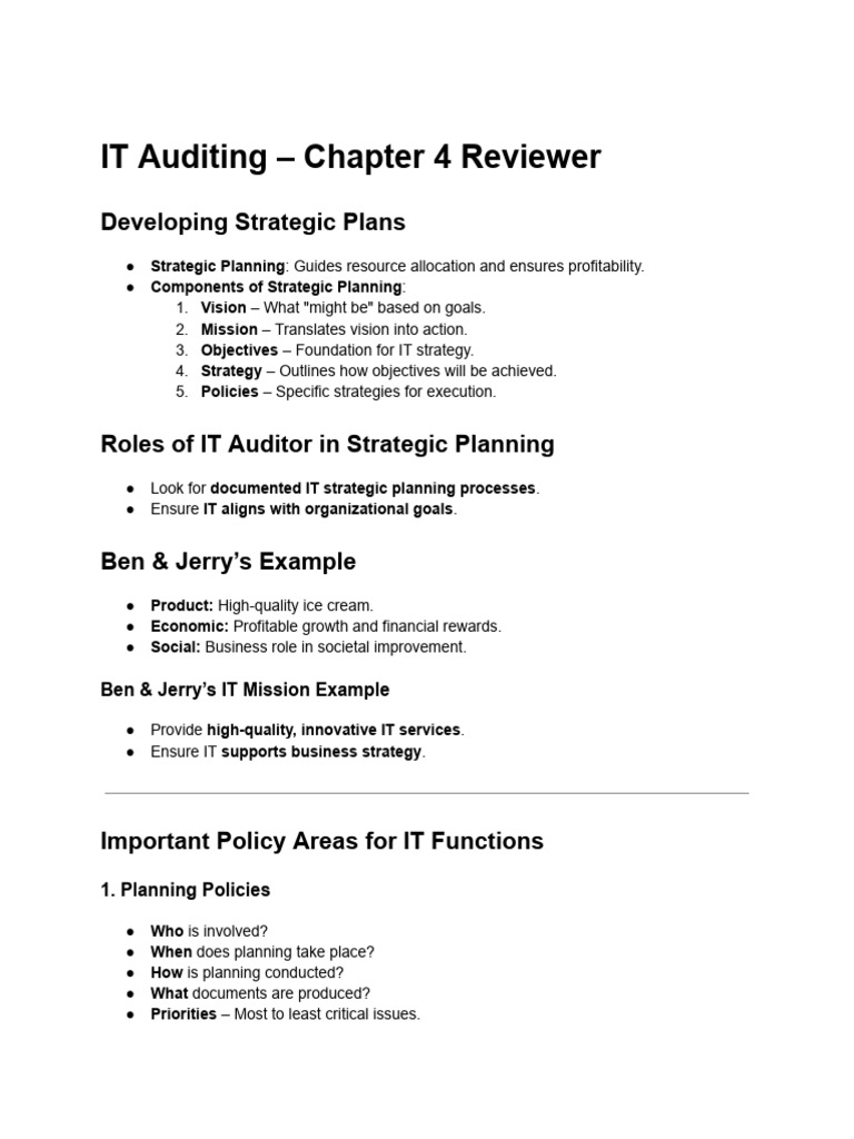 IT Auditing - Chapter 4 Reviewer | PDF | Project Management | Strategic Planning