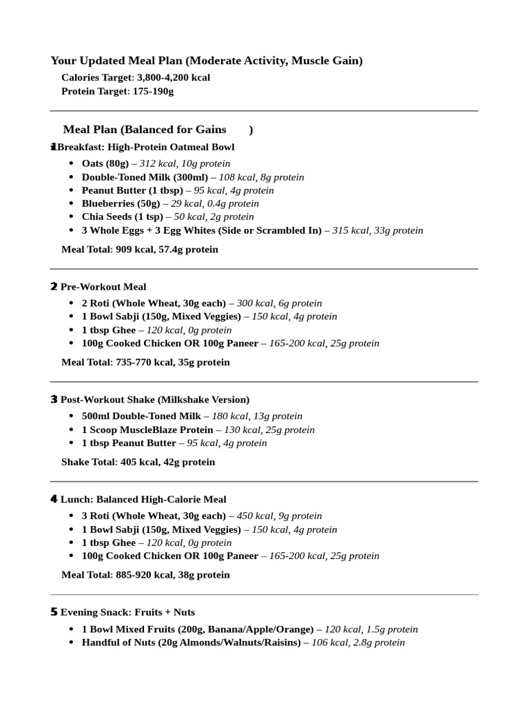 3800 Calorie Muscle Gain Meal Plan | PDF