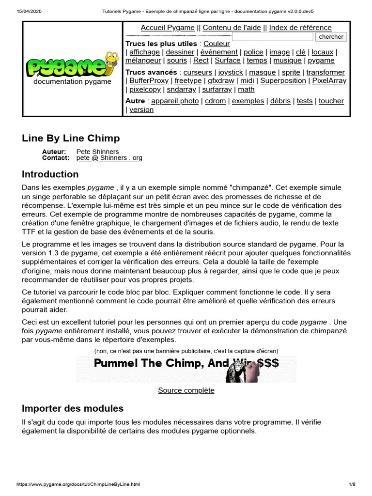 Tutoriels Pygame - Exemple de Chimpanzé Ligne Par Ligne - Documentation Pygame v2.0.0.Dev5 | PDF ...