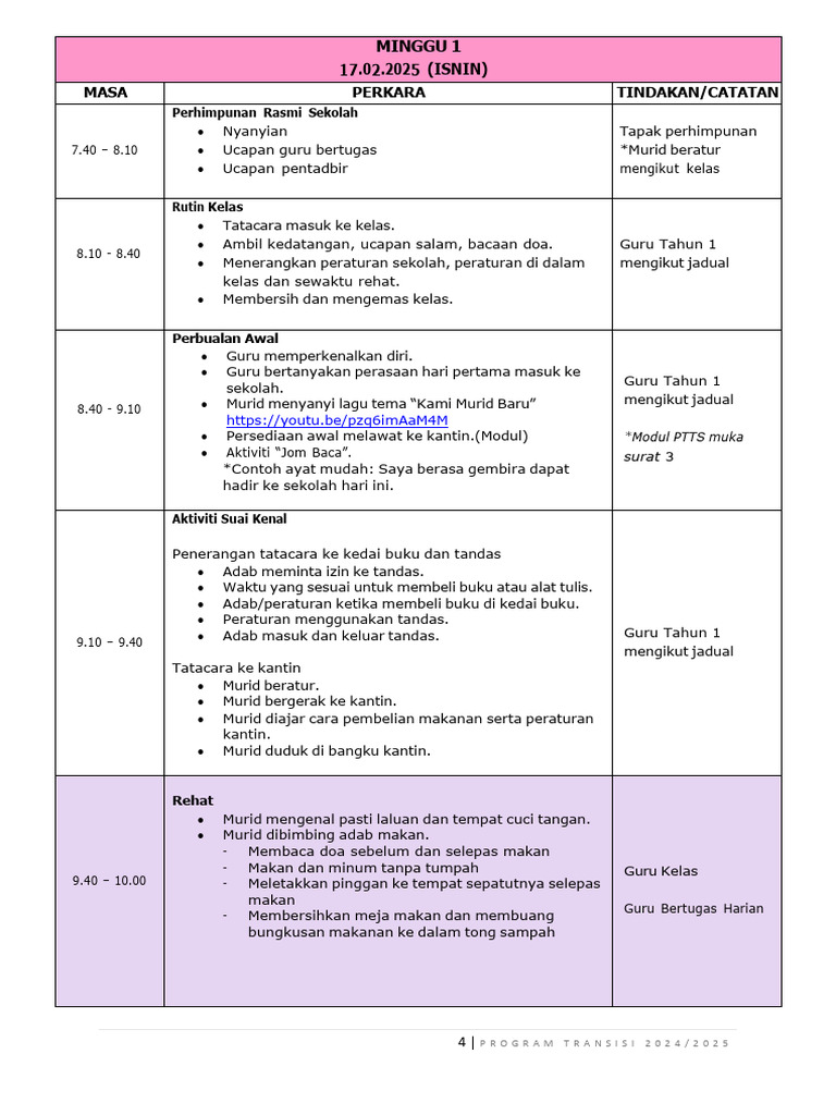 Jadual Transisi Tahun 1 (Minggu 1) | PDF