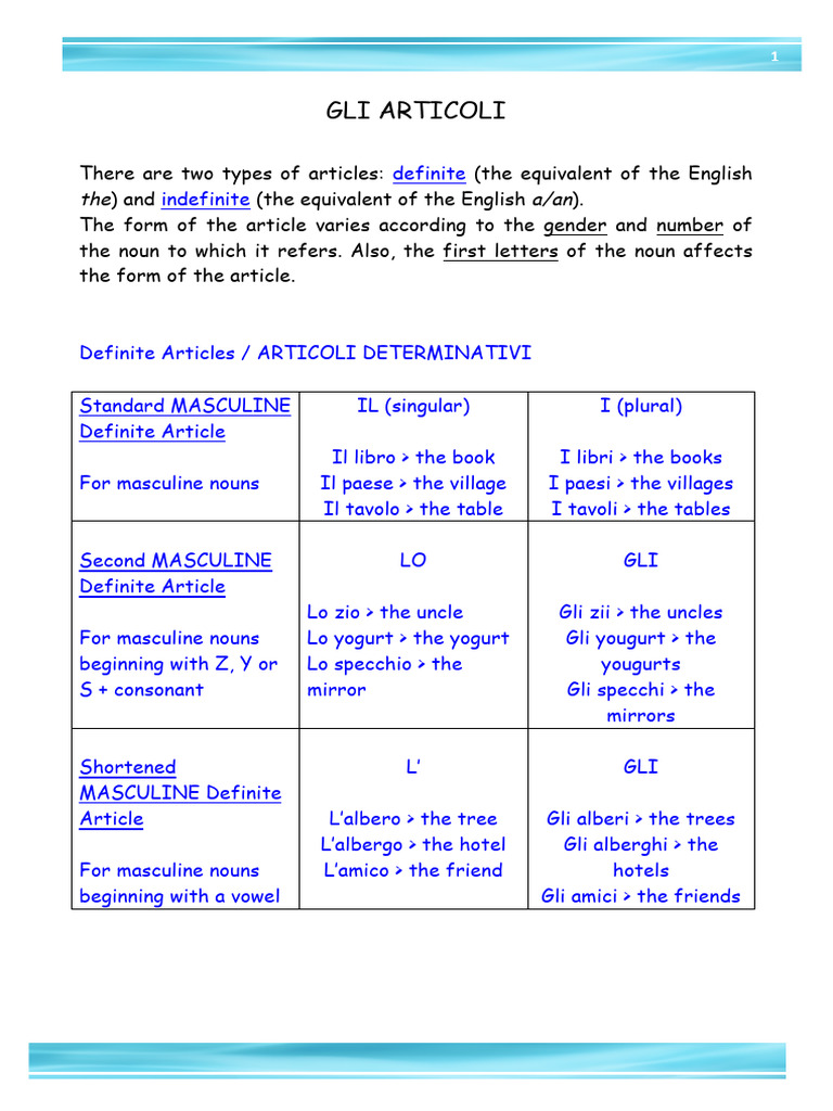 Italian Definite and Indefinite Articles Guide | PDF | Grammatical ...