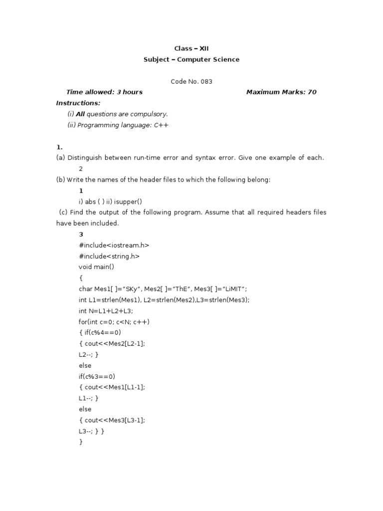 Time Allowed: 3 Hours Maximum Marks: 70 Instructions:: Class - XII Subject - Computer Science ...