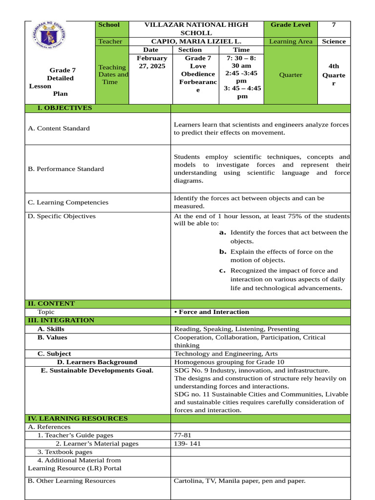 Grade 7 Science Lesson Plan on Forces | PDF | Force | Brake
