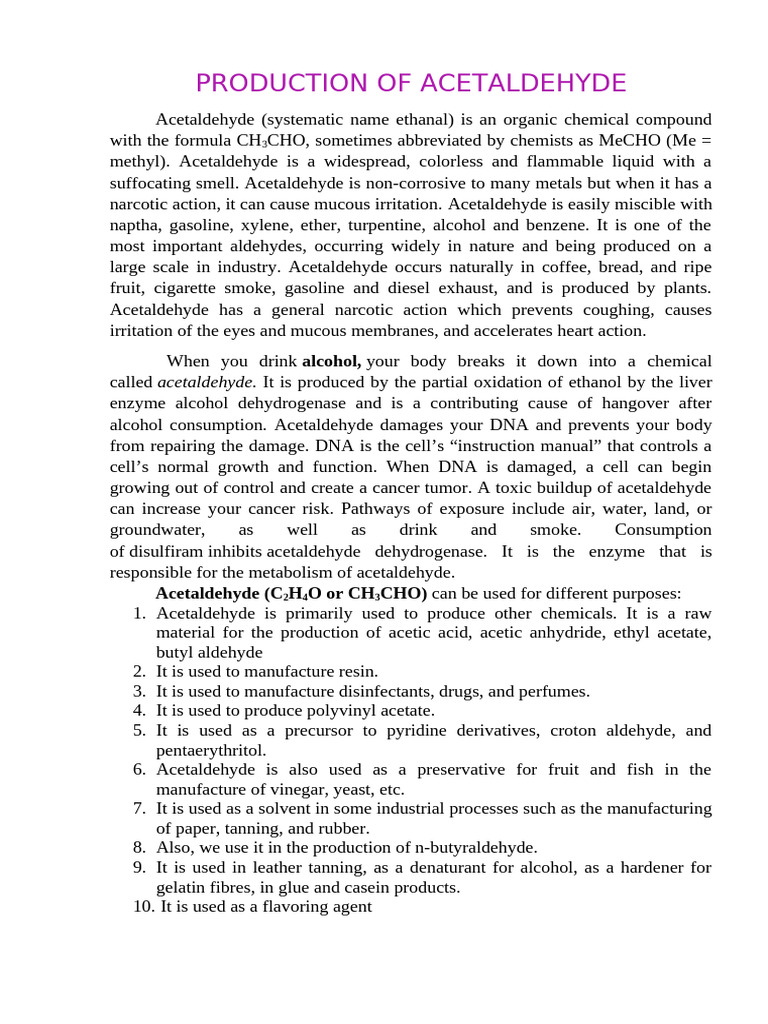 Acetaldehyde Production Methods Explained | PDF | Acetic Acid | Ethanol
