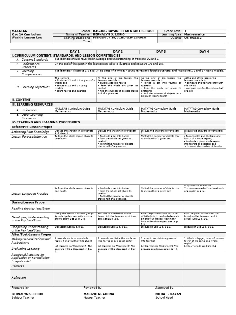 Matatag DLL q4 Week 2 Math Language | PDF | Curriculum | Learning