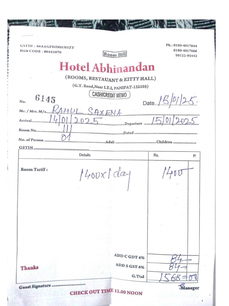 Hotel Bill Panipat | PDF