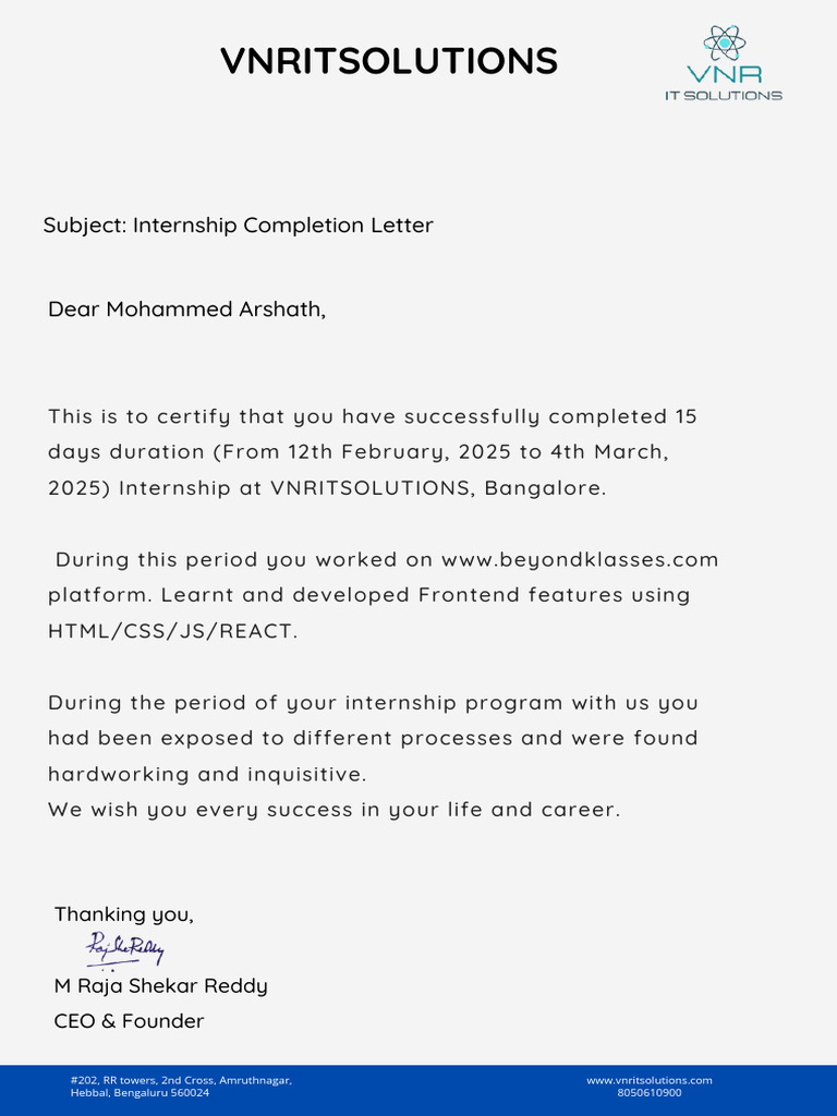 Arshath Inthern Completion letter.pdf | PDF