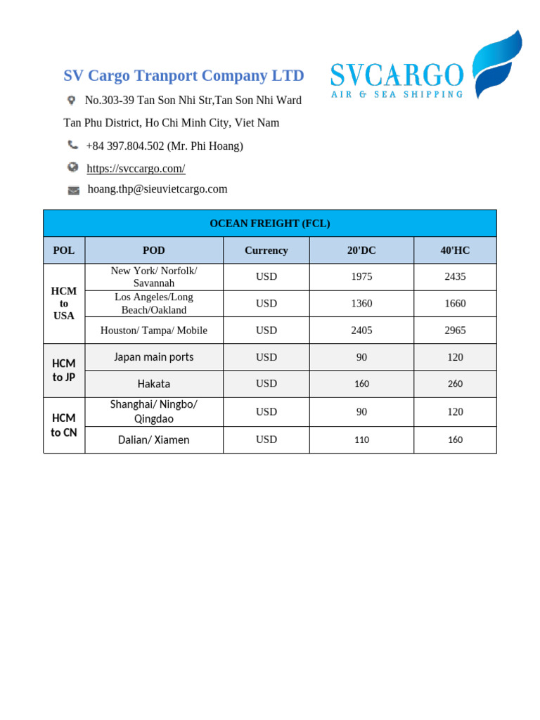 SV Cargo Tranport Company LTD | PDF