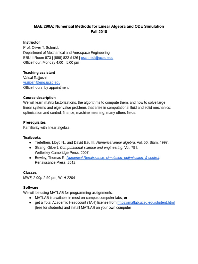 MAE 290A, Fall 2018, Syllabus | PDF | Numerical Analysis | Mathematical Analysis