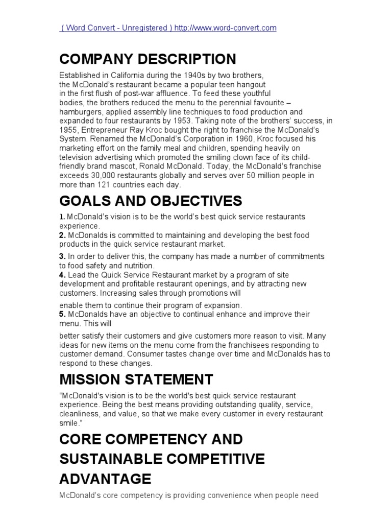 Company Description: Mcdonald'S Core Competency Is Providing ...