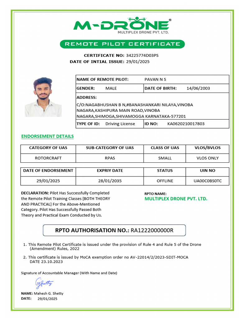 PAVAN N S ( Drone Certificate) | PDF