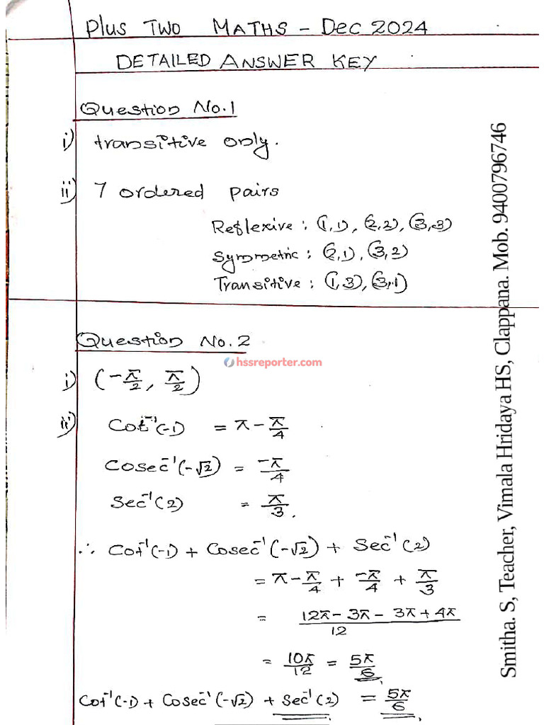 Plus Two Maths 2024 Detailed Answer Key - Hssreporter - Com | PDF